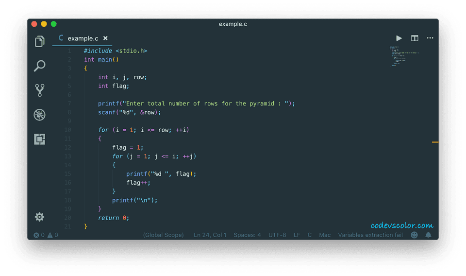 C program to print half right angled triangle or half pyramid - CodeVsColor