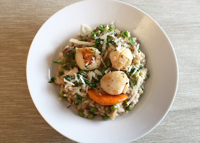 Mushroom Risotto Topped with Scallops | On My Kitchen Counter