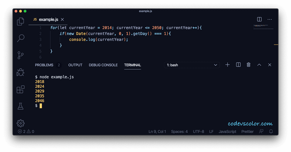 JavaScript program to find all years in a range with first January ...