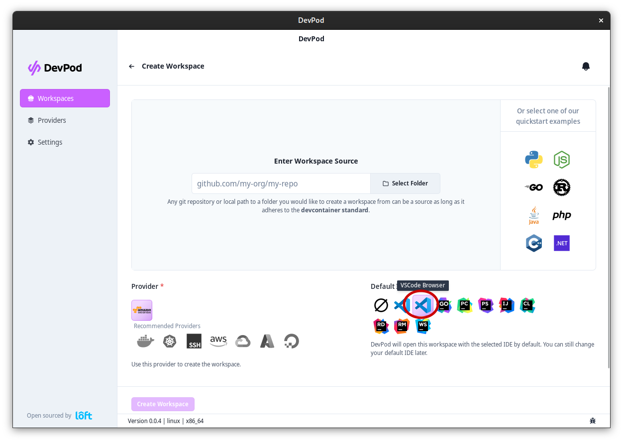 Quickstart VS Code Browser | DevPod docs | DevContainers everywhere