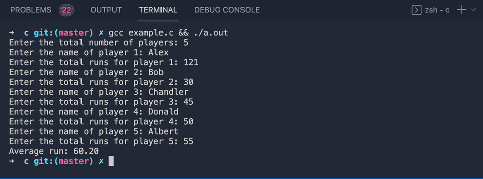 C program to find the average runs of cricket players using structure ...