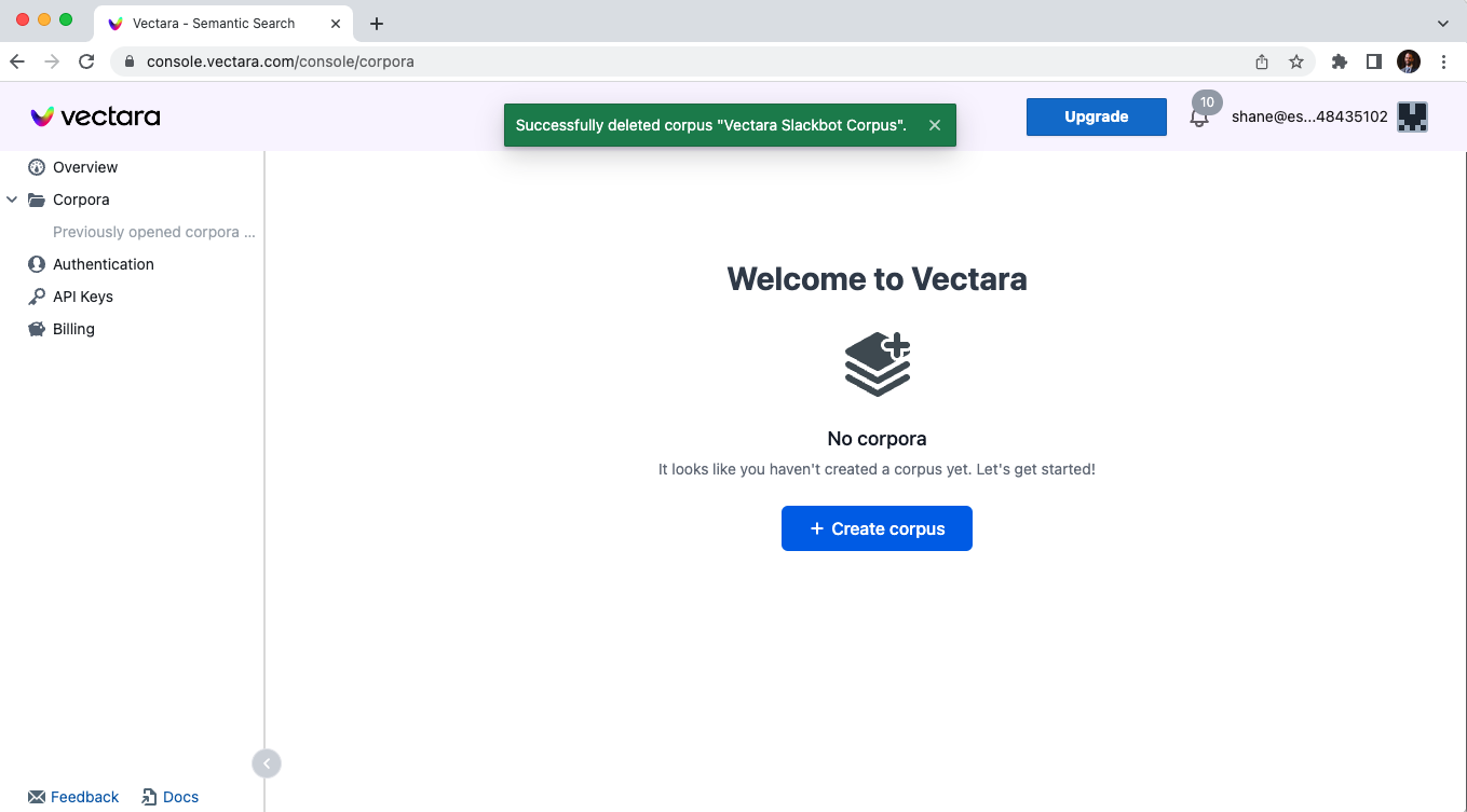 Resetting and deleting a corpus | Vectara Docs