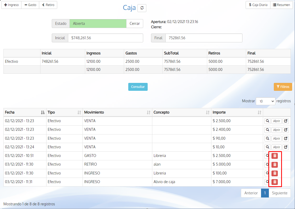 Eliminar movimientos caja | Ninox Docs