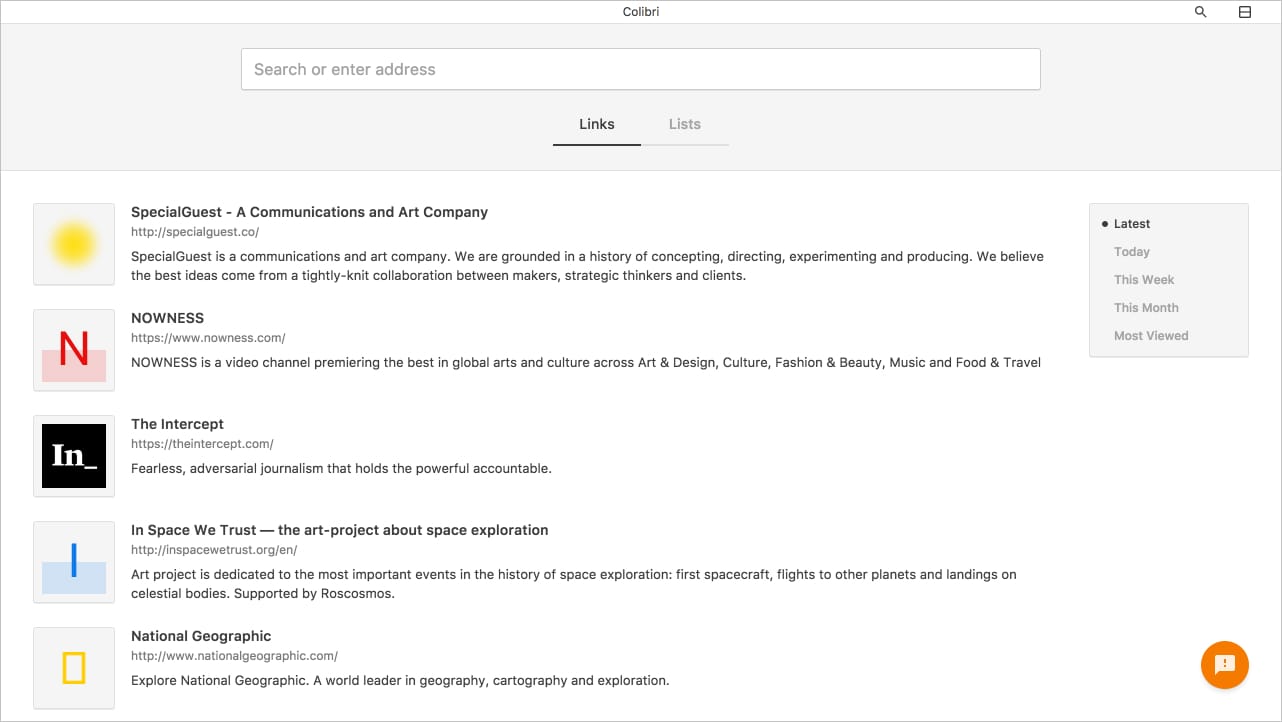 Colibri: Modern browser without tabs