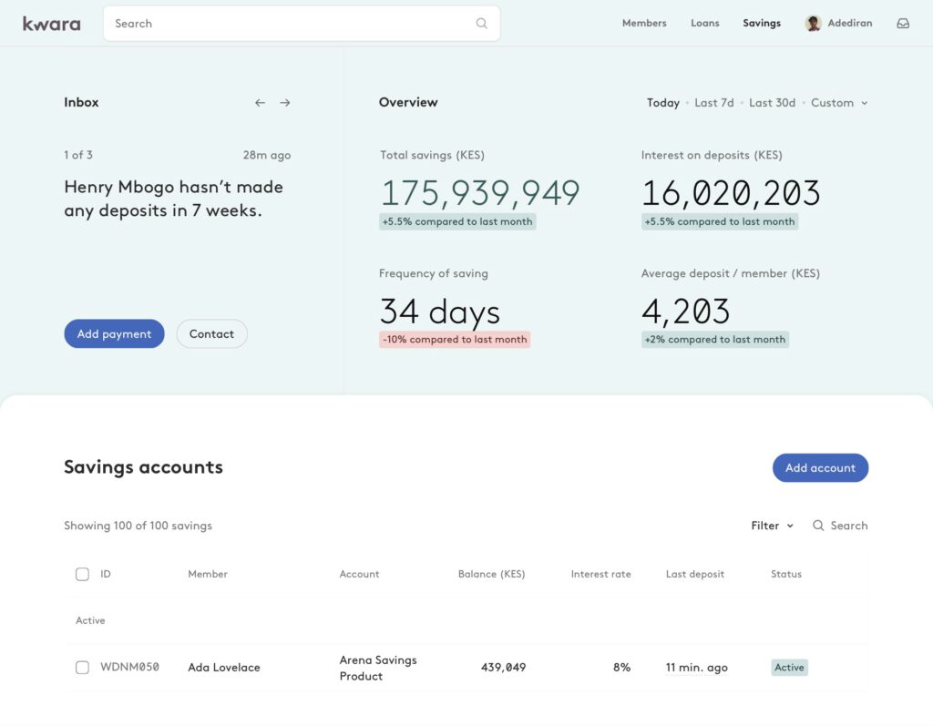 Managing savings in the Kwara web app