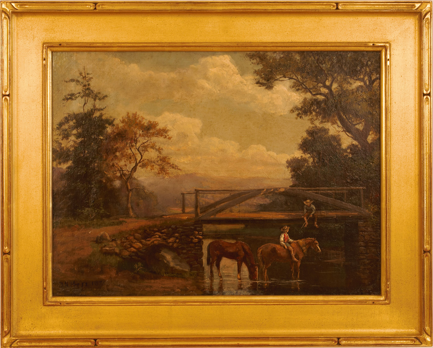 James N. (J.N.) Hess Painting - Boys at the Creek with Horses - 19th ...
