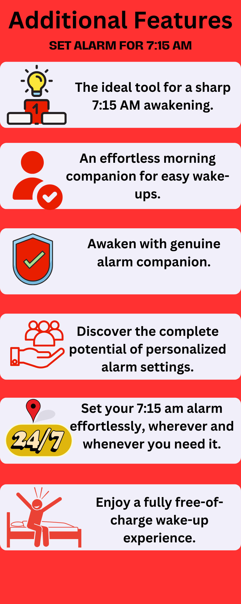 Set Alarm for 7:15 AM from now to wake up on time