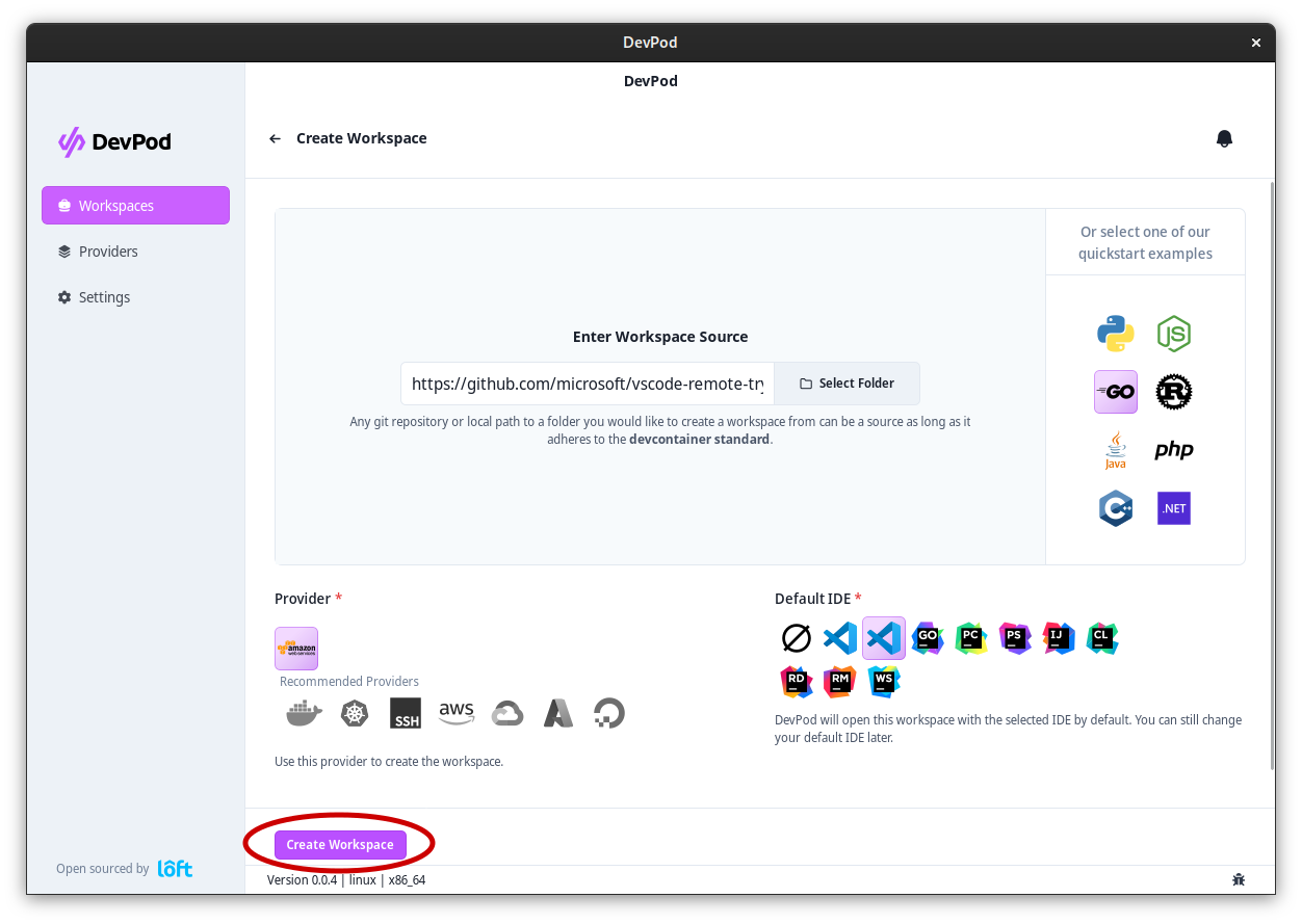 Quickstart VS Code Browser | DevPod docs | DevContainers everywhere