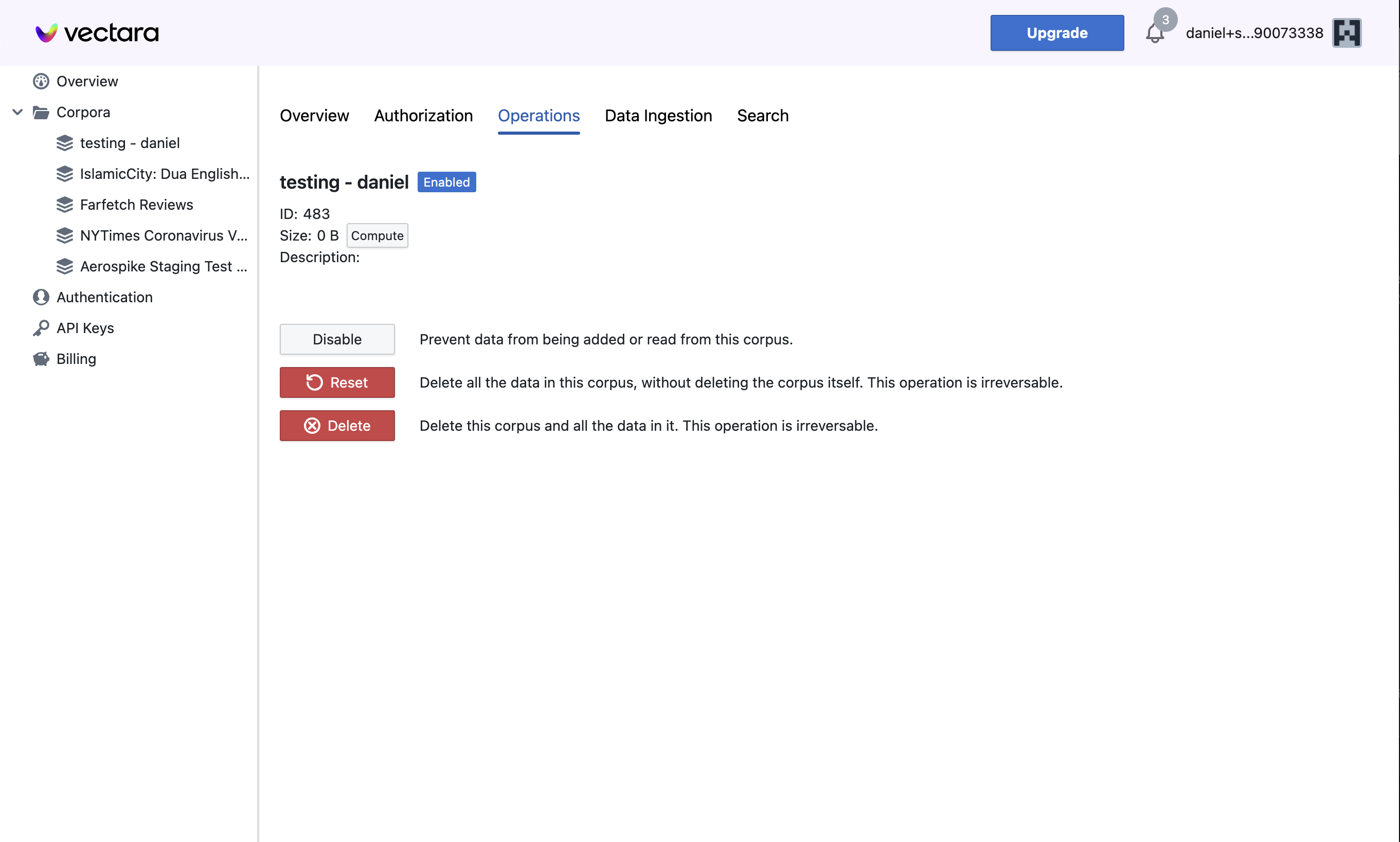 Resetting and deleting a corpus | Vectara Docs