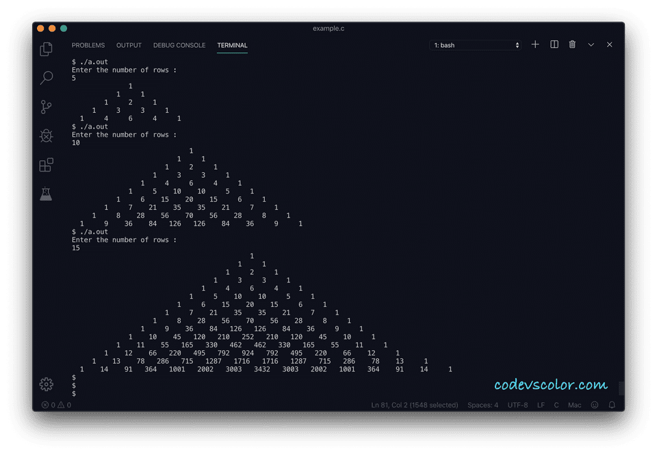 How to print a pascal's triangle in C with explanation - CodeVsColor