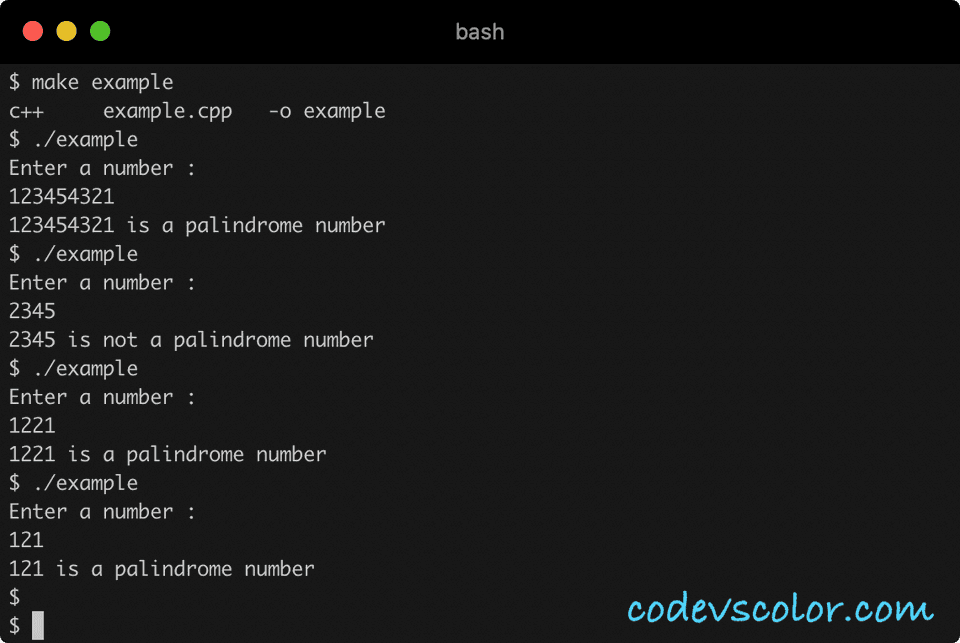 C++ program to check if a number is palindrome or not - CodeVsColor