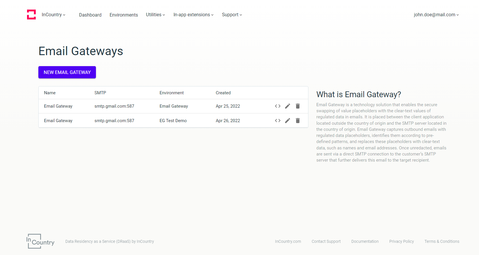 Managing email gateways - InCountry Docs