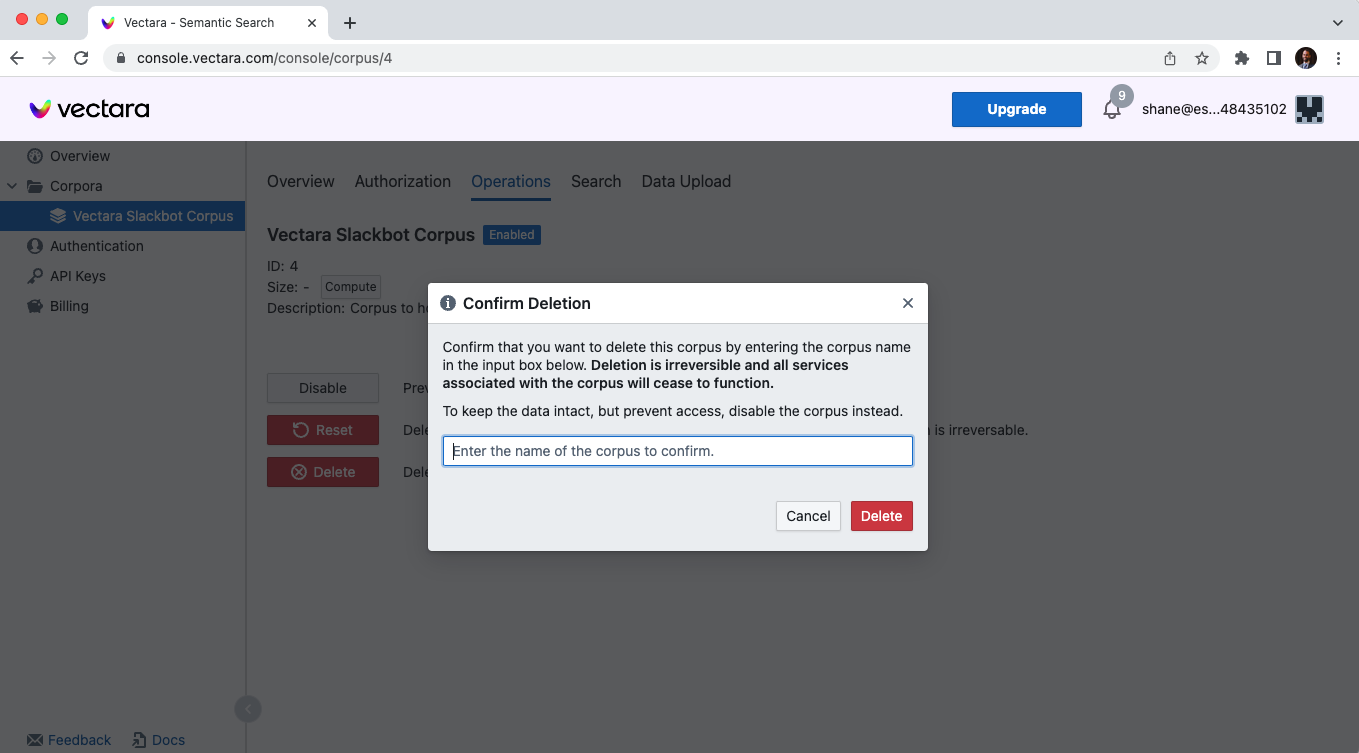 Resetting and deleting a corpus | Vectara Docs