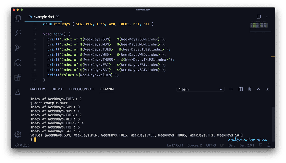 Enumeration in Dart explanation with example - CodeVsColor