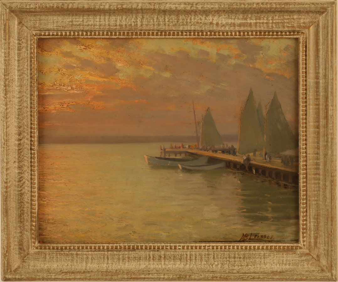 Martin Leisser - Pier with Sailboats at Sunrise - 19th Century American ...