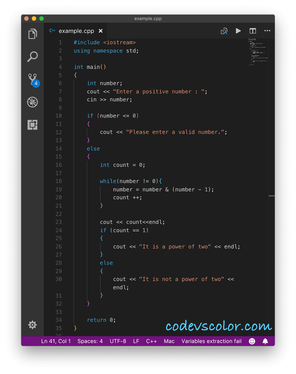 C++ program to check if a number is power of 2 or not using its binary ...
