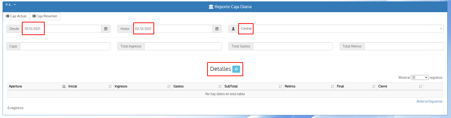 Cajas del dia | Ninox Docs