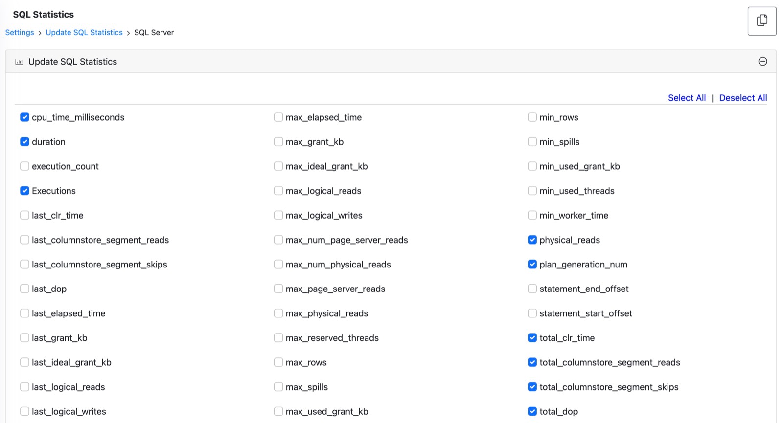 SQL Statistic Settings | DBmarlin Docs and Knowledge Base