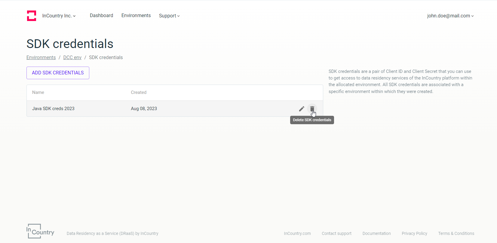 Managing SDK credentials - InCountry Docs