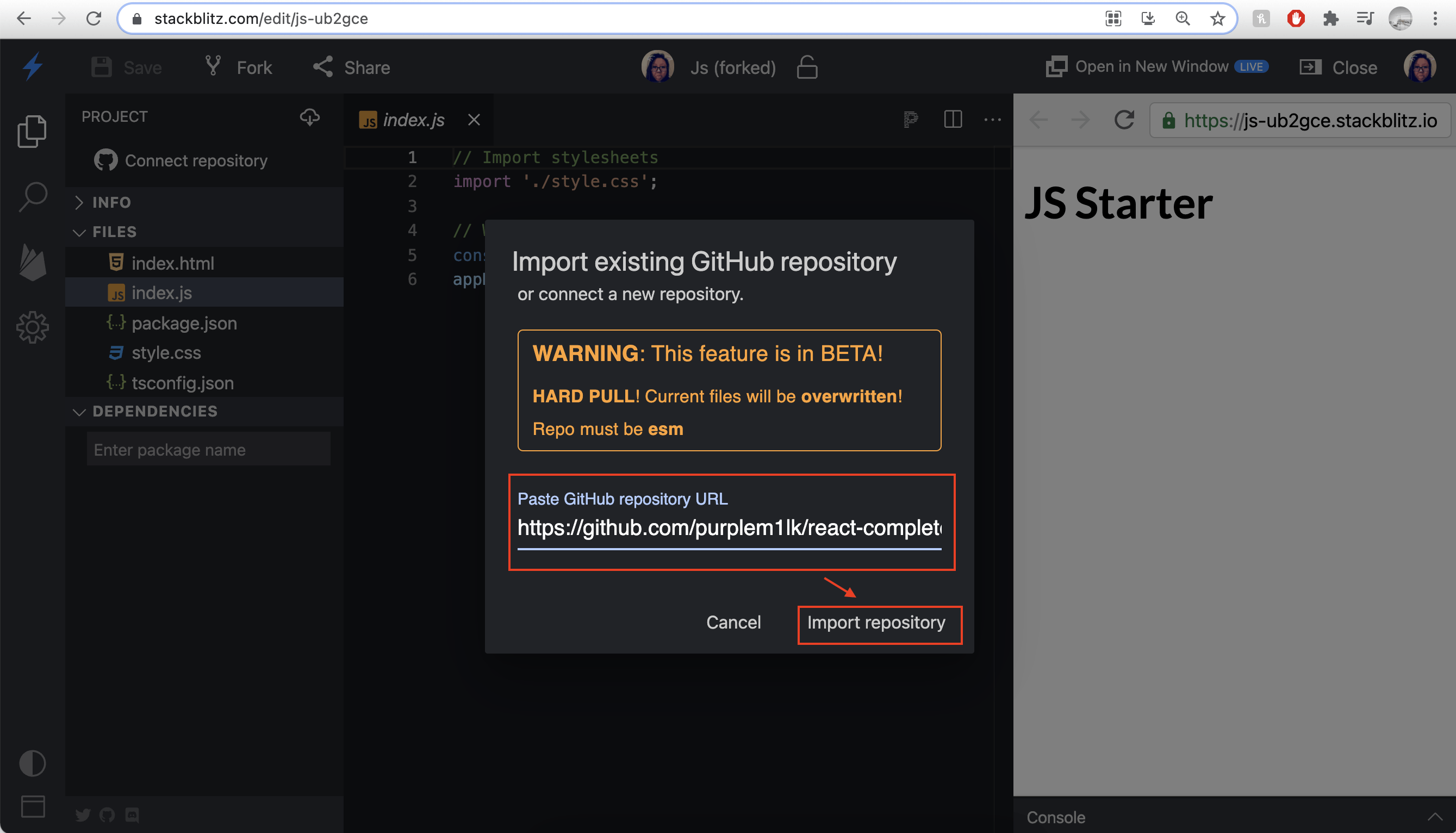 Importing projects | StackBlitz Docs