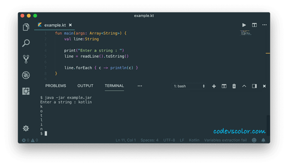 Kotlin program to print each character of a string (4 different ways ...
