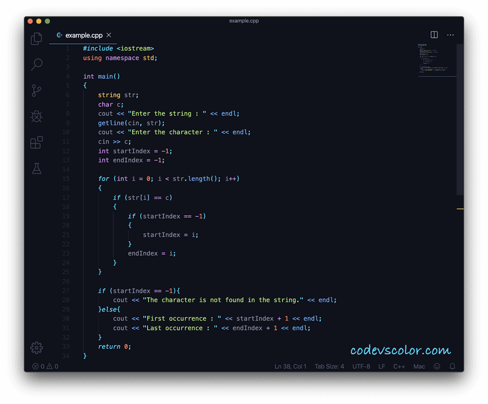 C Program To Find The First And The Last Occurrence Of A Character In A String Codevscolor