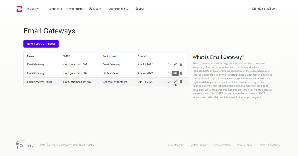 Managing email gateways | InCountry Docs