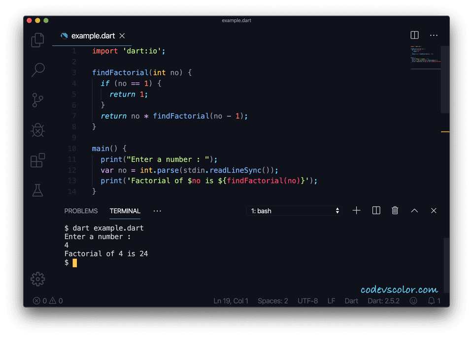 Dart program to find factorial of a number recursively - CodeVsColor