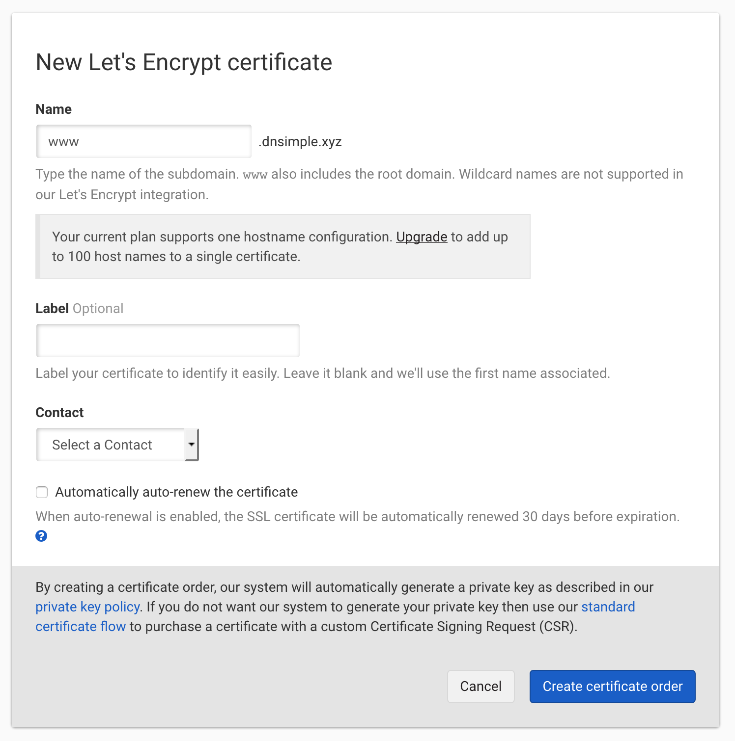Ordering a Let's Encrypt Certificate - DNSimple Help