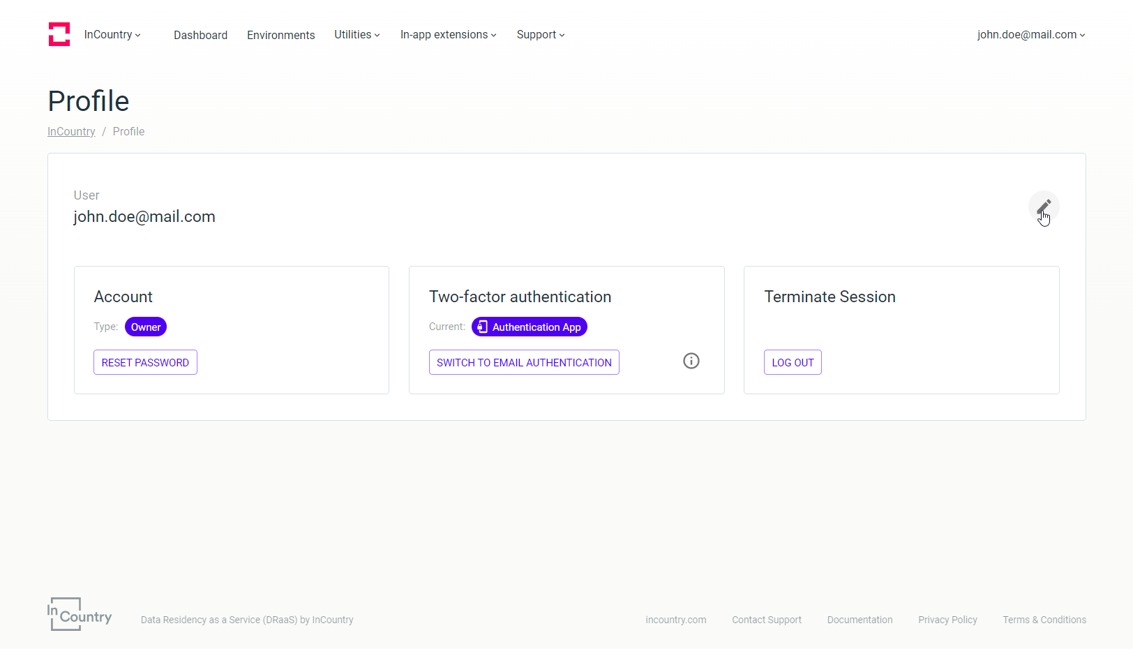 Managing profile and organization | InCountry Docs