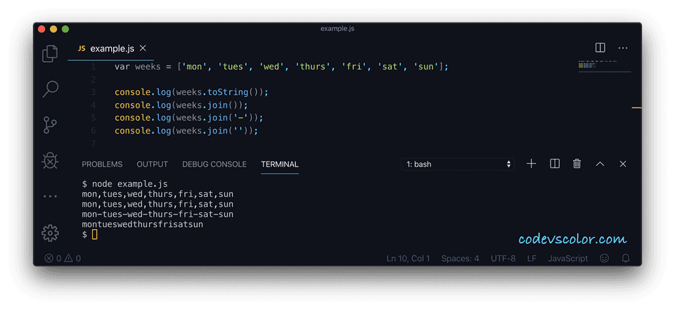 JavaScript join, toString example to convert array to string - CodeVsColor