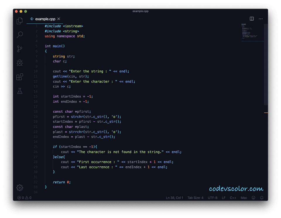 C++ program to find the first and the last occurrence of a character in a string - CodeVsColor