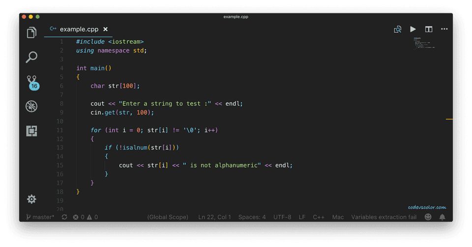 C++ program to check if all characters of a string are alphanumeric or not - CodeVsColor