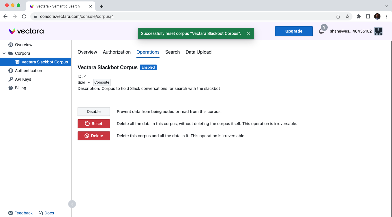 Resetting and deleting a corpus | Vectara Docs