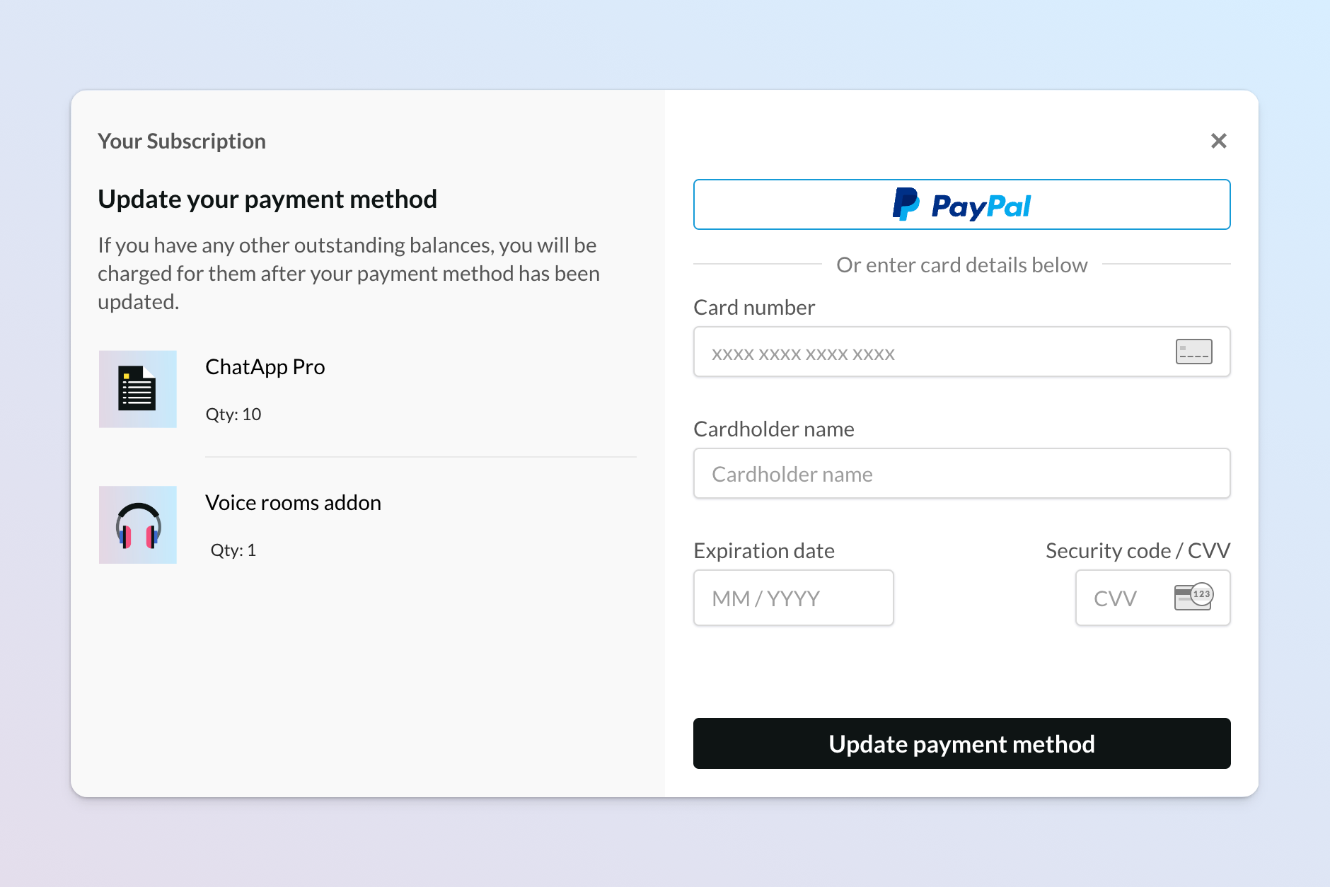 Update payment details - Paddle Developer