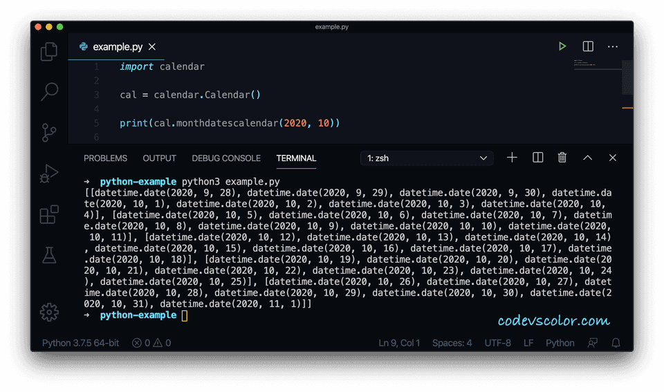 Python calendar monthdatescalendar tutorial - CodeVsColor